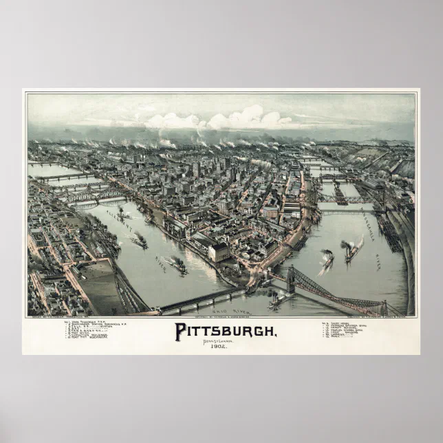 1902 HAND DRAWN MAP of PITTSBURGH Poster | Zazzle
