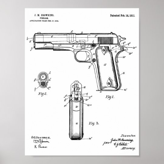 1911 Colt Browning Gun Patent Art Drawing Print | Zazzle.com