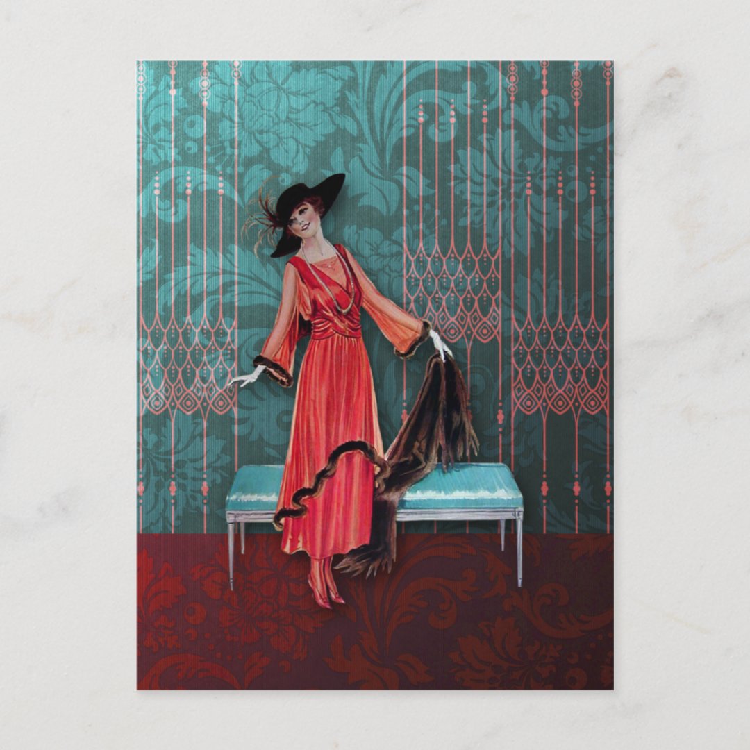 1913 Luxe: Vintage Fashion in Red and Turquoise Postcard | Zazzle
