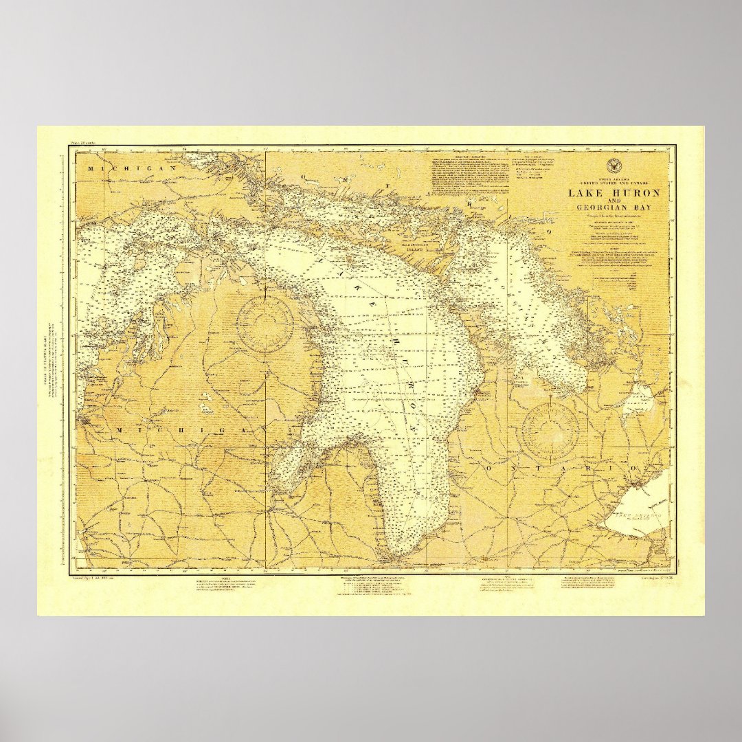 1918 Lake Huron Historic Nautical Chart Poster | Zazzle