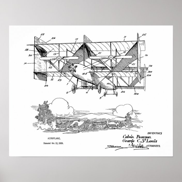 1920 Biplane Airplane Patent Art Drawing Print | Zazzle.com