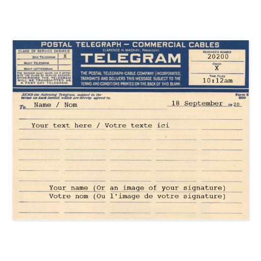 1920 Postal Telegram (Postcard) | Zazzle