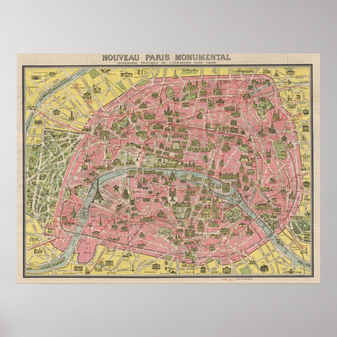 1920 Scenic Sights Travel Map of Paris, France Poster | Zazzle