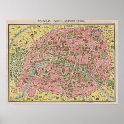 1920 Scenic Sights Travel Map of Paris, France Poster | Zazzle