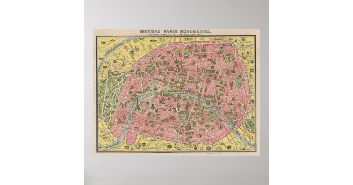 1920 Scenic Sights Travel Map of Paris, France Poster | Zazzle