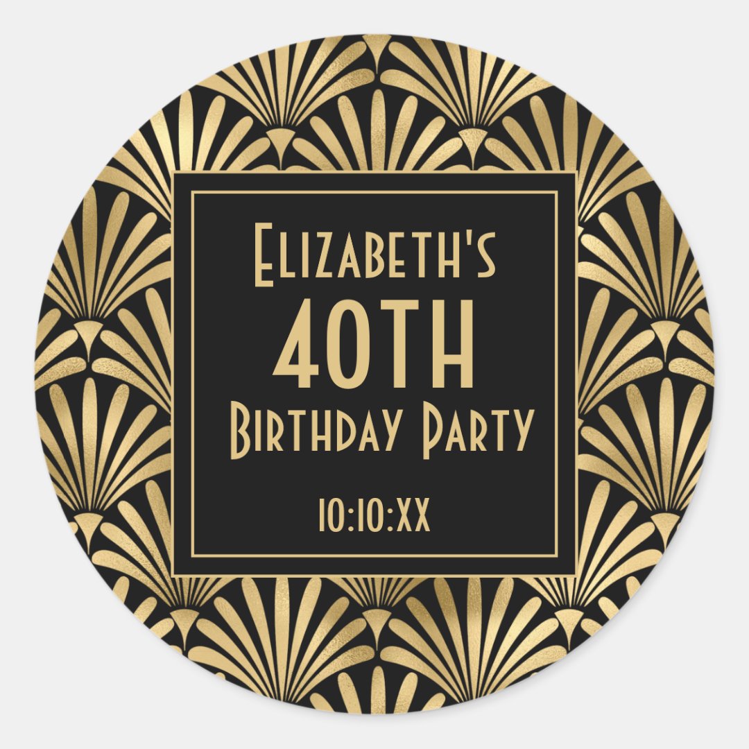 1920's Art Deco Black|Gold Birthday Party Classic Round Sticker | Zazzle