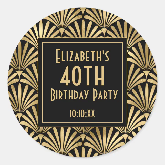 1920's Art Deco Black|Gold Birthday Party Classic Round Sticker | Zazzle