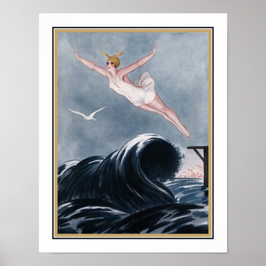 1920s. Art Deco "Flying Over The Waves" Poster | Zazzle