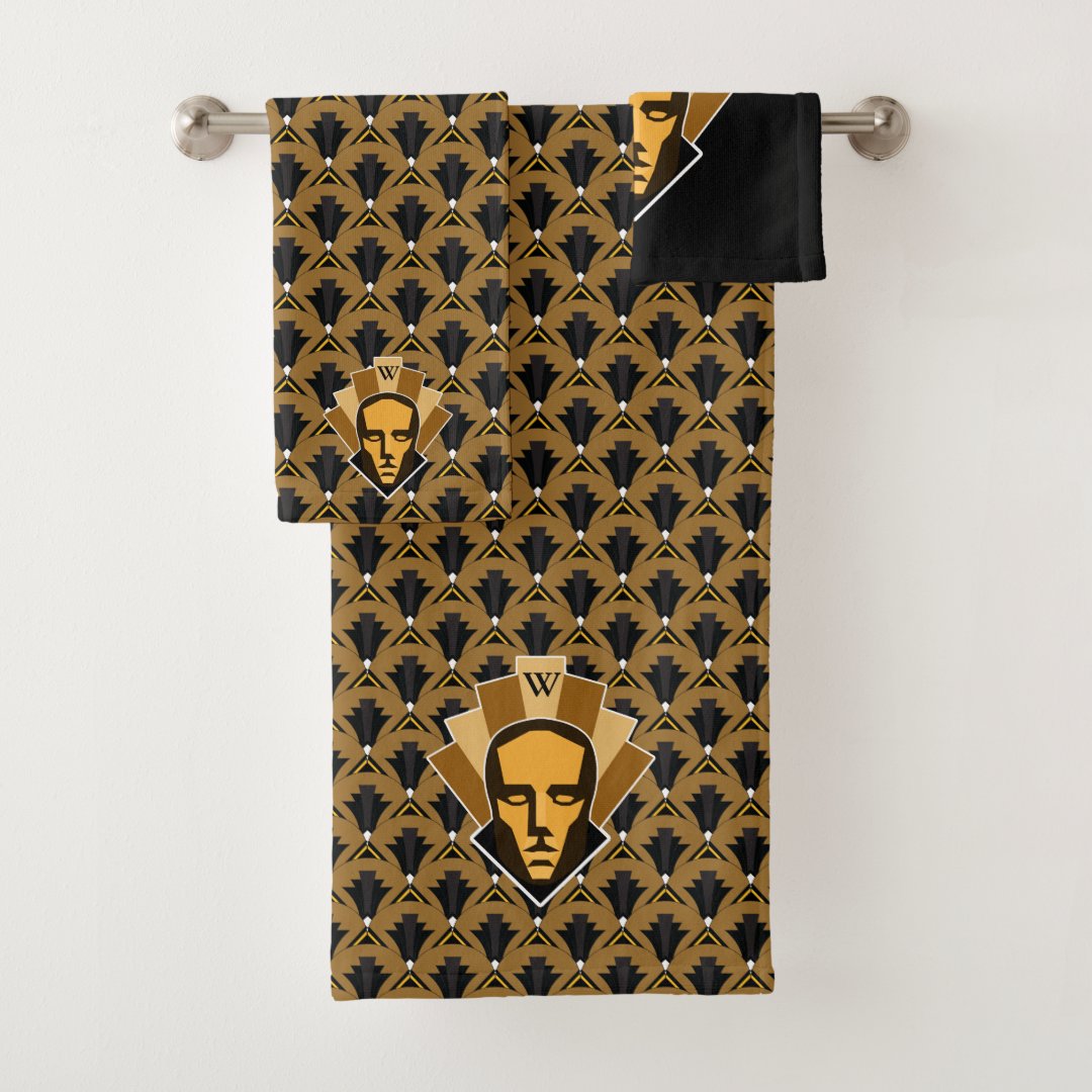 1920s Art Deco Statue Crest & Bronze Finials Bath Towel Set | Zazzle