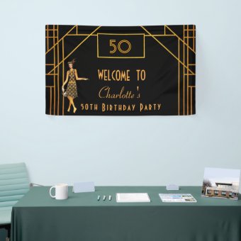 1920's Birthday party black gold retro art deco Banner | Zazzle