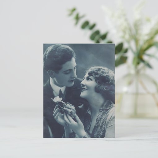 1920s retro couple with rose vintage postcard | Zazzle