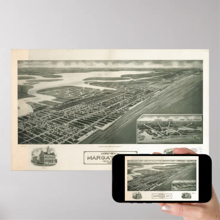 1925 Margate City, NJ Birds Eye View Panoramic Map Poster | Zazzle