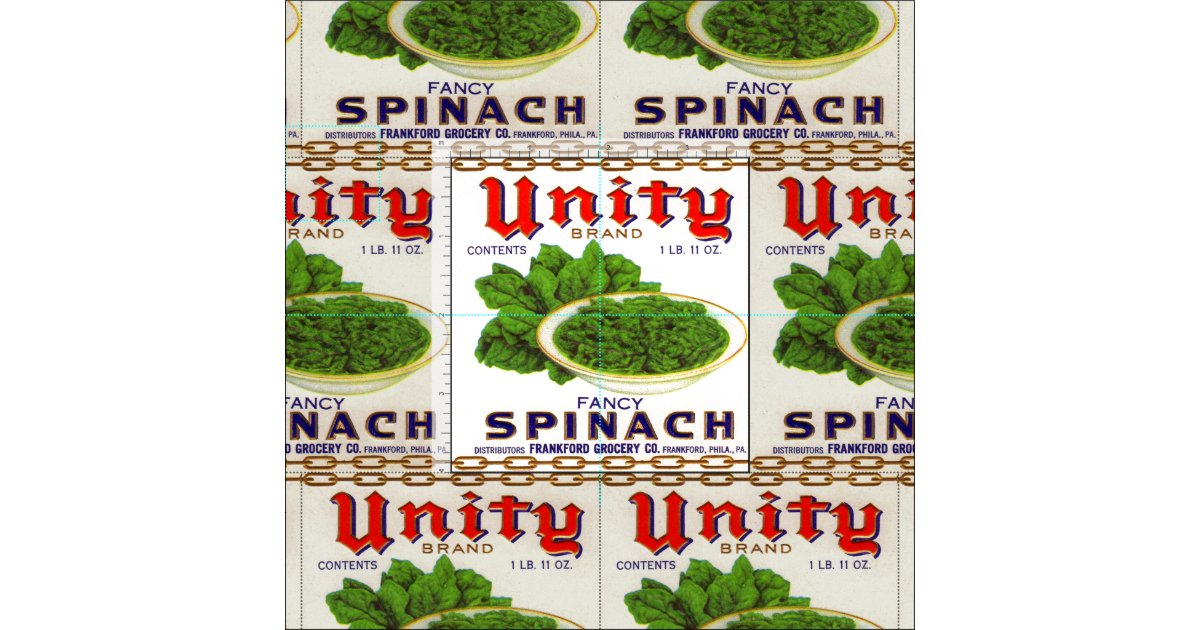 1930s Unity fancy spinach can label print Fabric | Zazzle