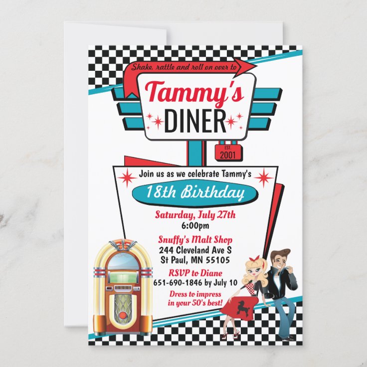1950's Diner Retro Sock Hop Grease Party Invitation | Zazzle