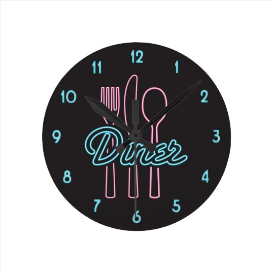 1950s Neon Diner Pink, Blue silverware Round Clock | Zazzle.com
