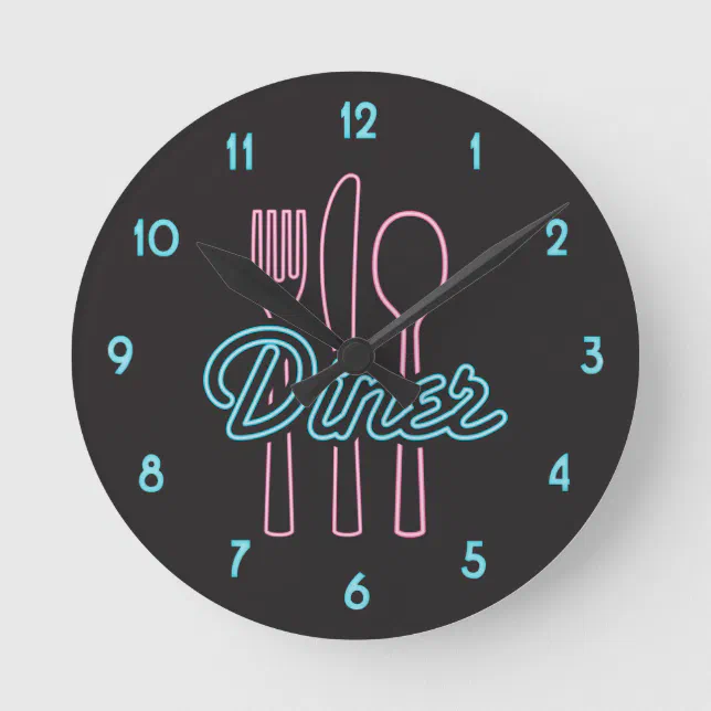 1950s Neon Diner Pink, Blue silverware Round Clock | Zazzle