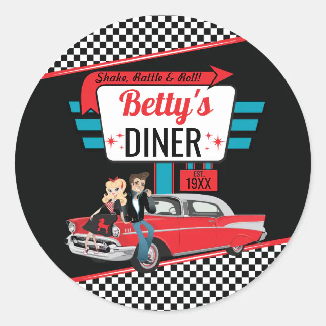 1950's Retro Diner Black & Red Sock Hop Classic Round Sticker | Zazzle