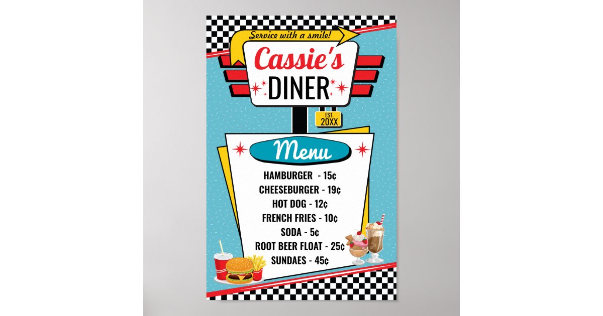 1950's Retro Diner Menu Teal, Red, Yellow Poster | Zazzle