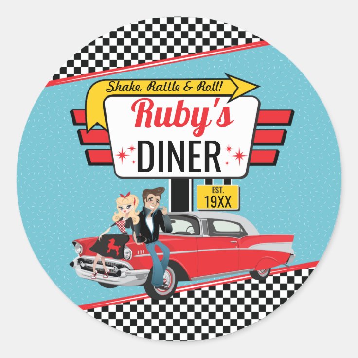 1950's Retro Diner Teal & Red Sock Hop Classic Round Sticker | Zazzle
