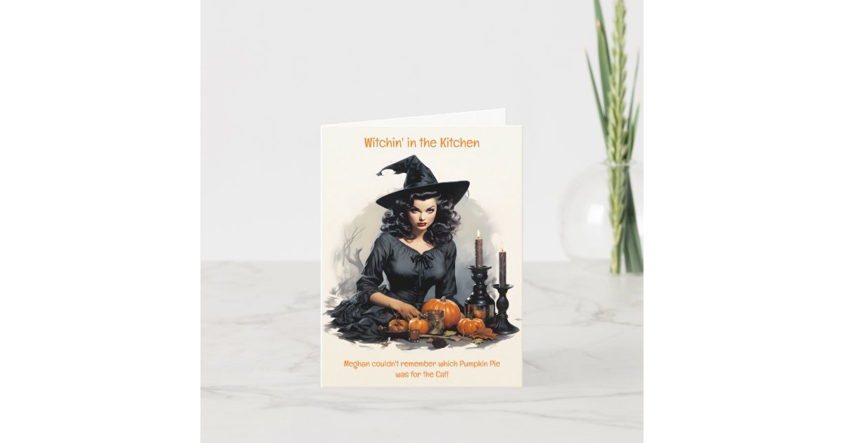 1950s Witch Pumpkin Pie Kitchen Halloween Card | Zazzle
