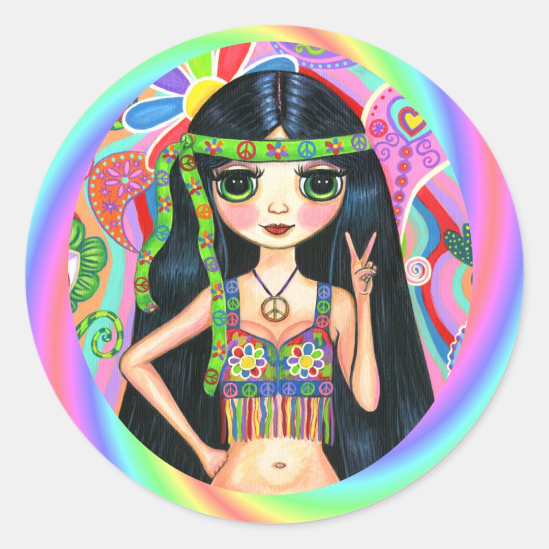 1960s, 1970s Peace Sign Rainbow Hippie Chick Classic Round Sticker | Zazzle
