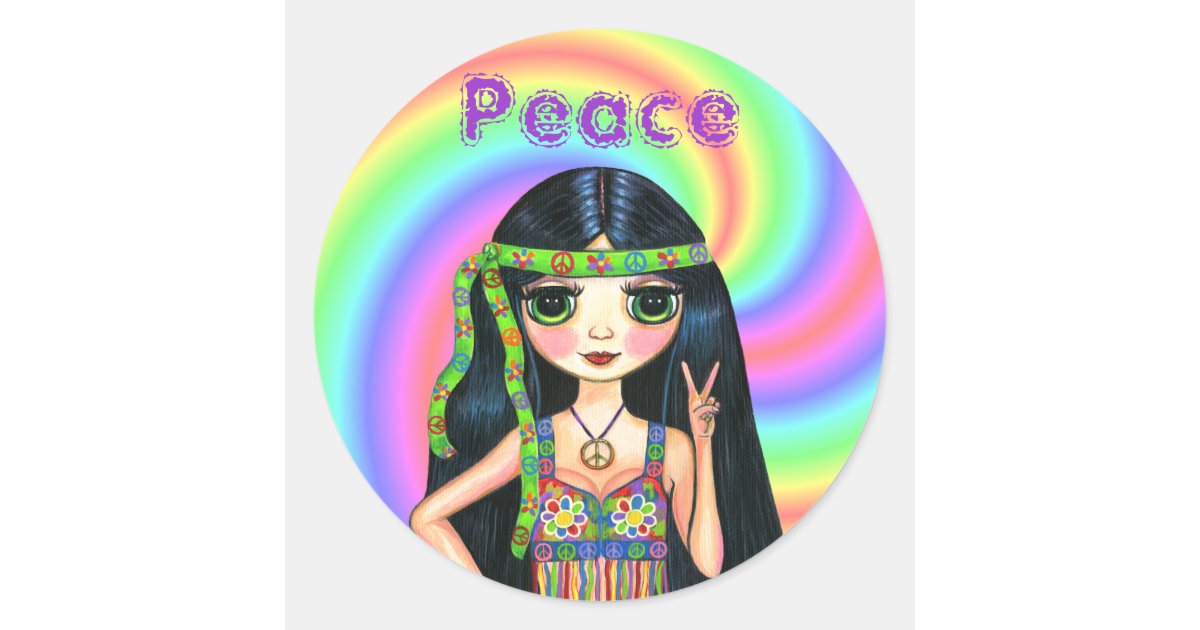 1960s Peace Sign Hippie Girl with Headband Classic Round Sticker | Zazzle