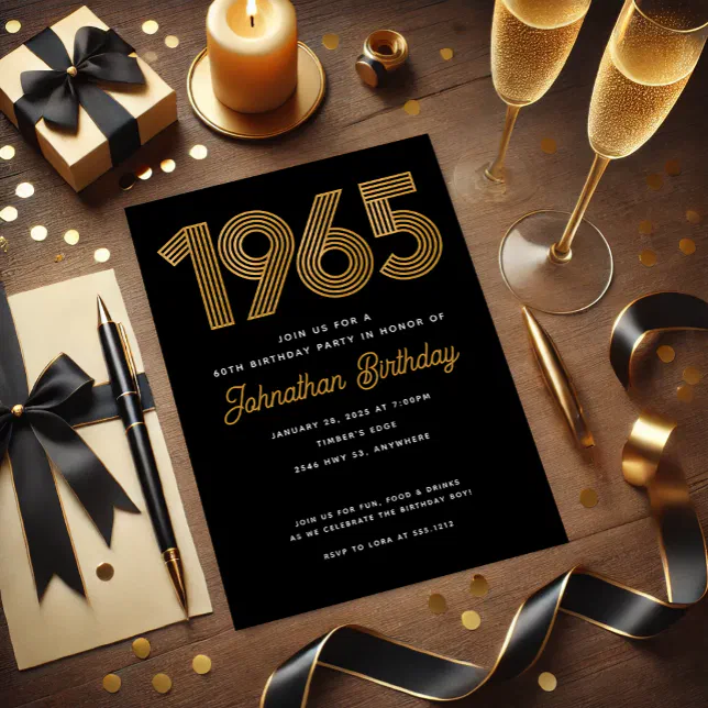 1965 Black Faux Gold 60th Birthday Invitation | Zazzle