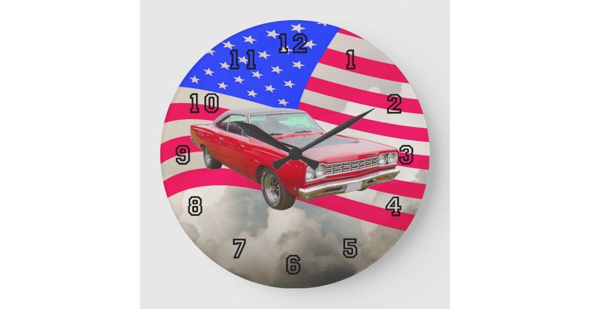 1968 Plymouth Roadrunner And American Flag Large Clock | Zazzle