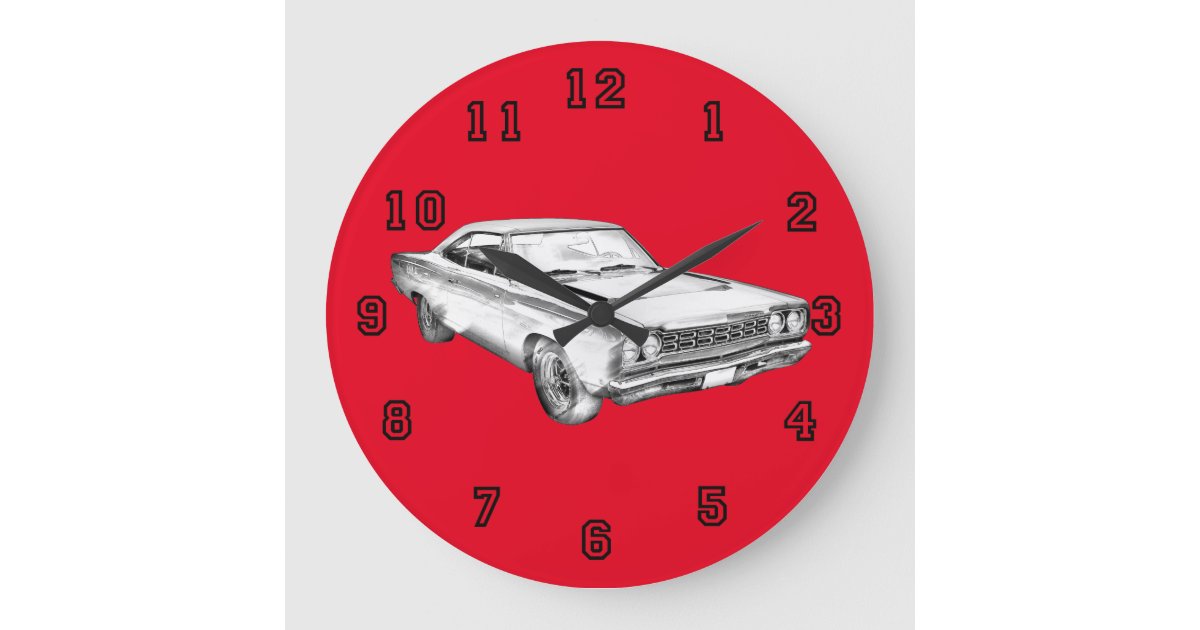 1968 Plymouth Roadrunner Muscle Car Illustration Large Clock | Zazzle