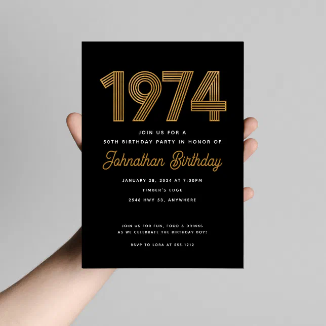 1974 White Black Gold 50th Birthday Invitation | Zazzle