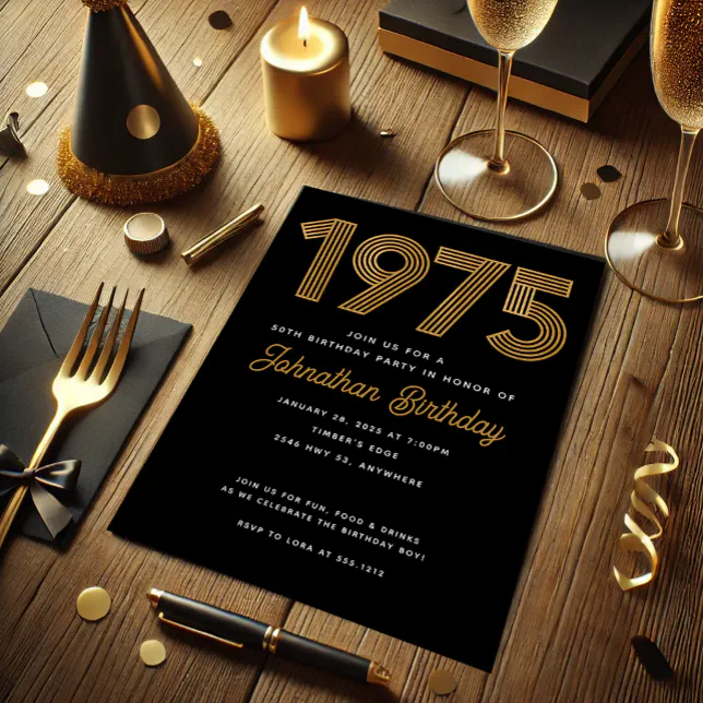 1975 Black Faux Gold 50th Birthday Invitation | Zazzle
