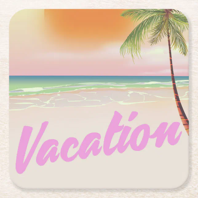 1980s vintage Vacation beach poster Square Paper Coaster | Zazzle