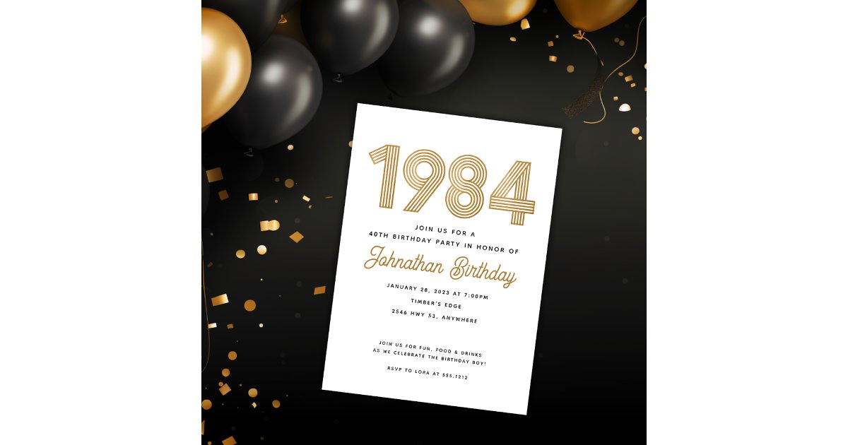 1984 White Black Gold 40th Birthday Invitation | Zazzle