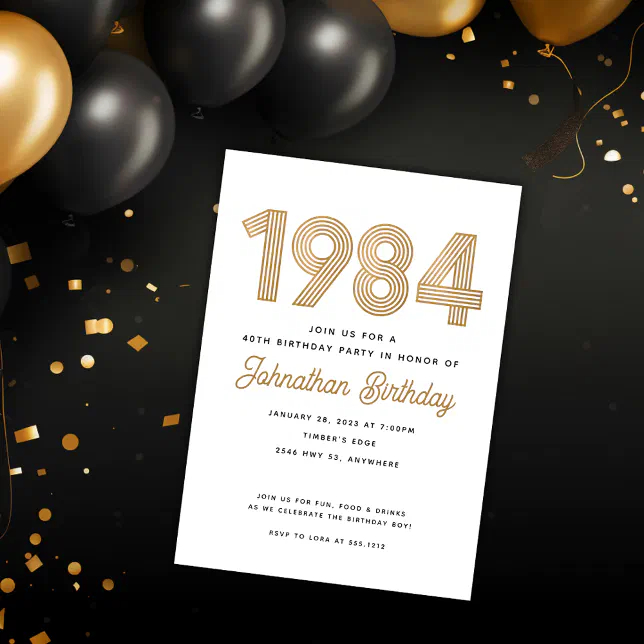 1984 White Black Gold 40th Birthday Invitation | Zazzle