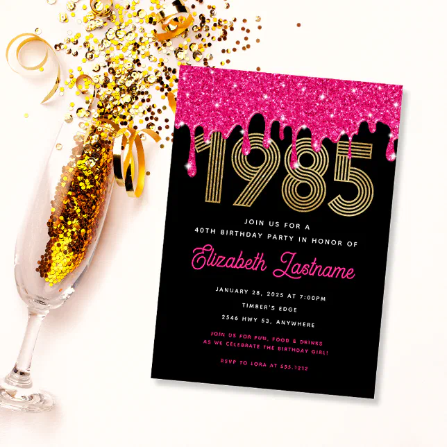 1985 Pink Glitter Drip 40th Birthday Invitation | Zazzle