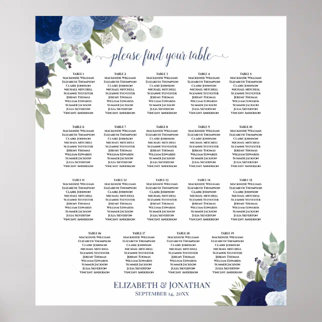 19 Table Dusty Blue & Navy Floral Seating Chart | Zazzle