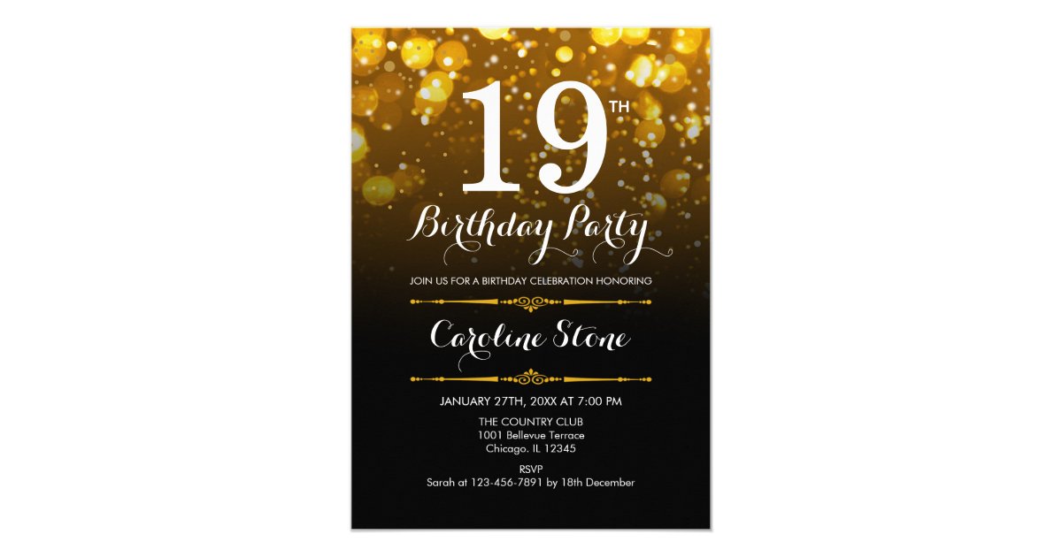 19th Birthday - Black White Gold Invitation | Zazzle.com