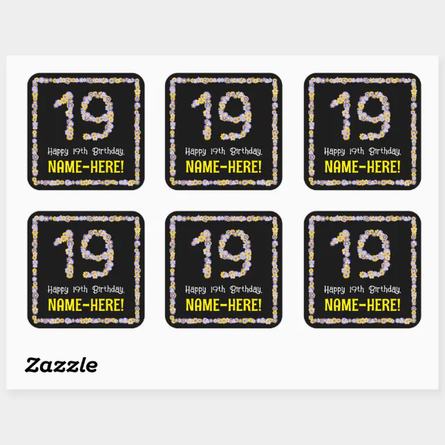 19th Birthday: Floral Flowers Number, Custom Name Square Sticker | Zazzle