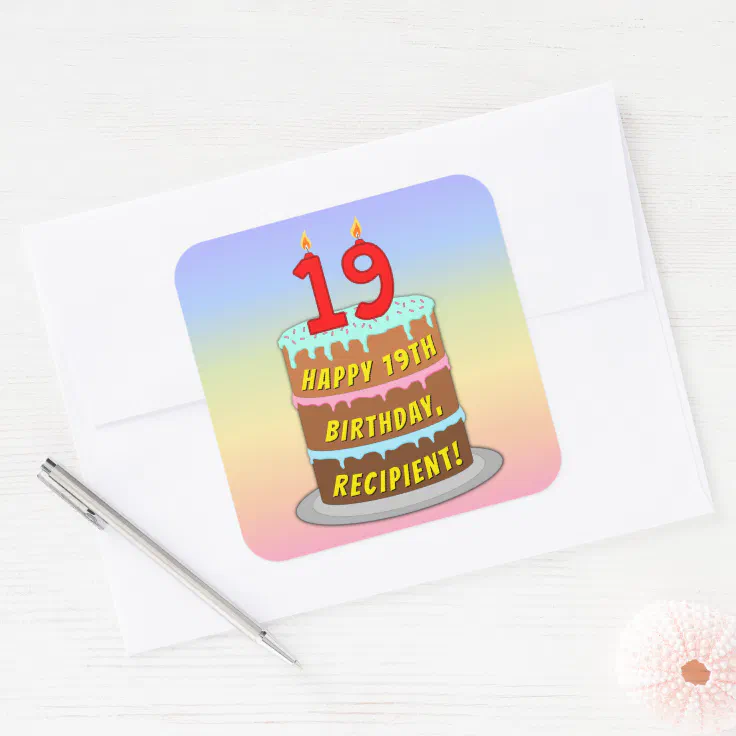 19th Birthday: Fun Cake and Candles + Custom Name Square Sticker | Zazzle