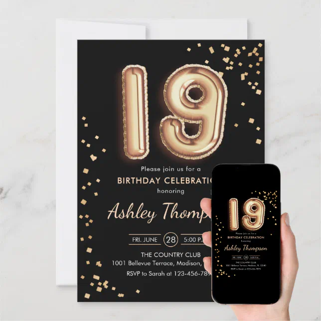 19th Birthday - Gold Balloons Black Invitation | Zazzle