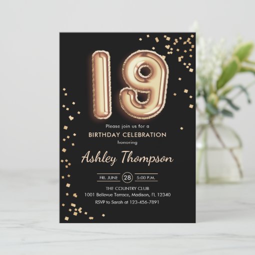19th Birthday - Gold Balloons Black Invitation | Zazzle
