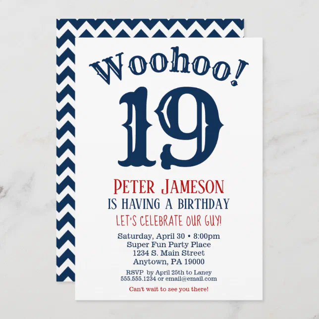 19th Birthday Invitation Mens Navy Blue | Zazzle