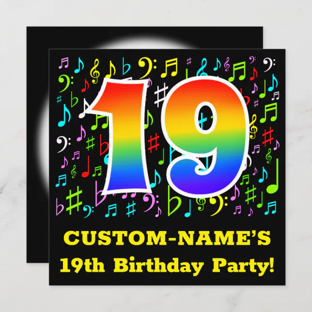 19th Birthday Party: Fun Music Symbols, Rainbow 19 Invitation | Zazzle