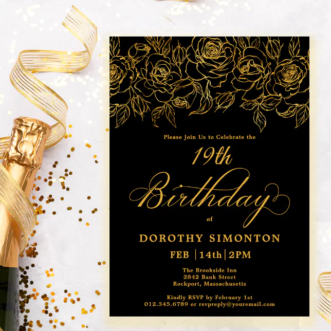 19th Birthday Party Gold Rose Floral Black Invitation | Zazzle