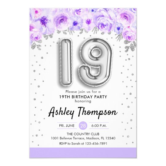 19th Birthday Party - Silver Balloons Lavender Invitation | Zazzle.com