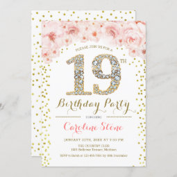 19th Birthday Party - White Gold Pink Invitation | Zazzle