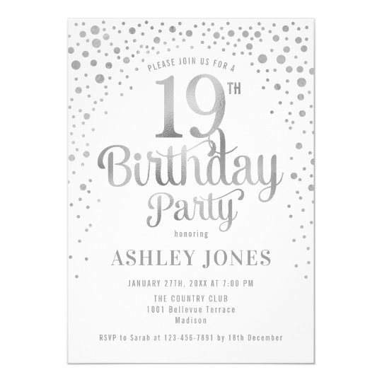 19th Birthday Party - White & Silver Invitation | Zazzle.com