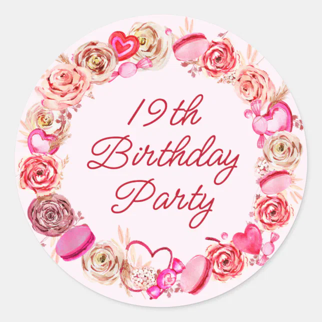 19th Birthday Pink Rose Swirly Heart Envelope Classic Round Sticker ...