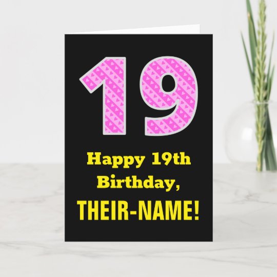 19th Birthday: Pink Stripes and Hearts "19" + Name Card | Zazzle.com