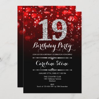 19th Birthday - Red Black Silver Invitation | Zazzle